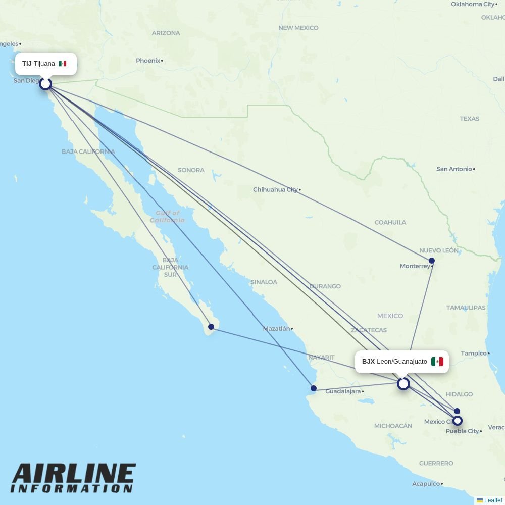 Airlines with flights from Tijuana to Leon/Guanajuato (TIJ to BJX ...
