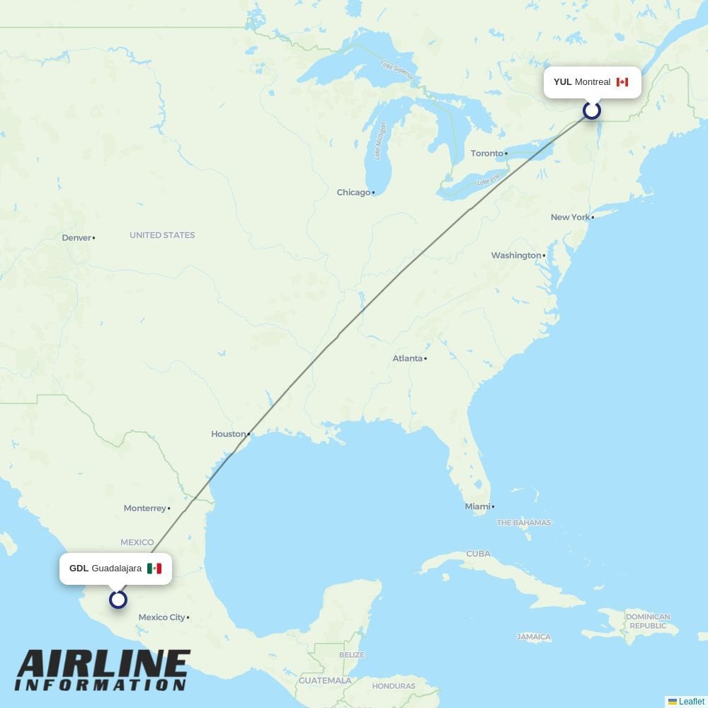 Airlines with flights from Montreal to Guadalajara (YUL to GDL ...